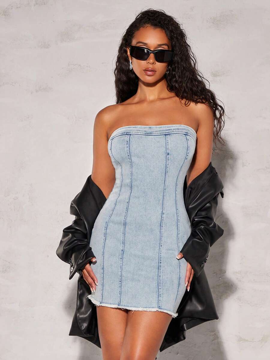 SHEIN BAE Raw Hem Tube Denim Dress, Fall Women Clothes | SHEIN USA