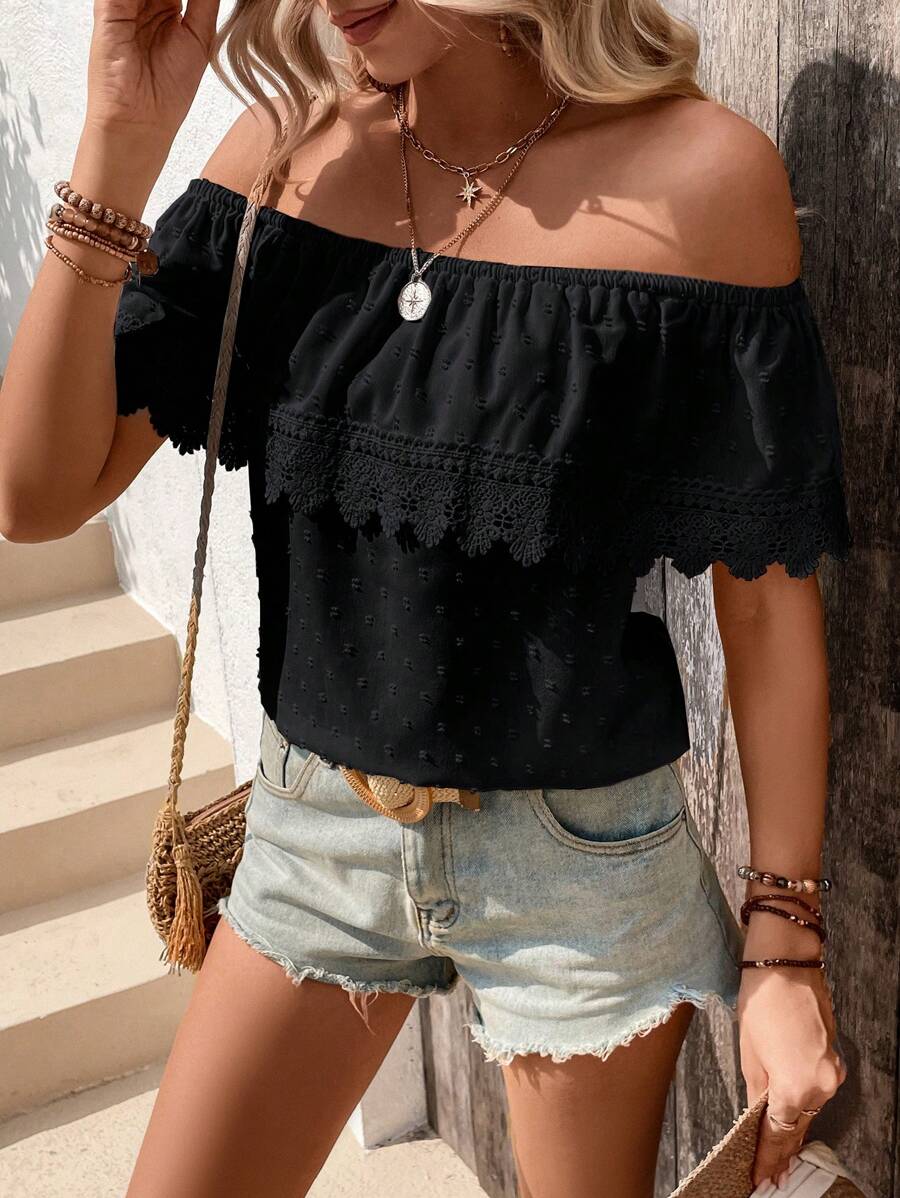 Shein Vcay Swiss Dot Off Shoulder Guipure Lace Panel Ruffle Trim Blouse
