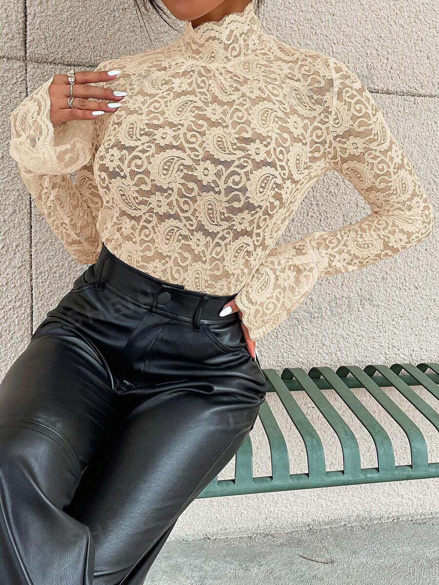 Shein Modely Mock Neck Flounce Sleeve Lace Top Shein Usa