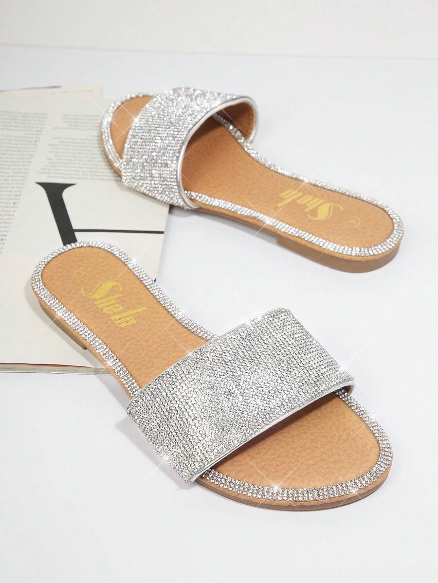 SHEIN SHUZIA Round Toe Rhinestone Flat Sandals New Year Holiday ...