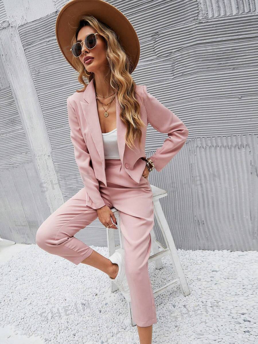 SHEIN Frenchy Ladies" Pink Short Blazer Jacket And Pleated Front Pocket ...