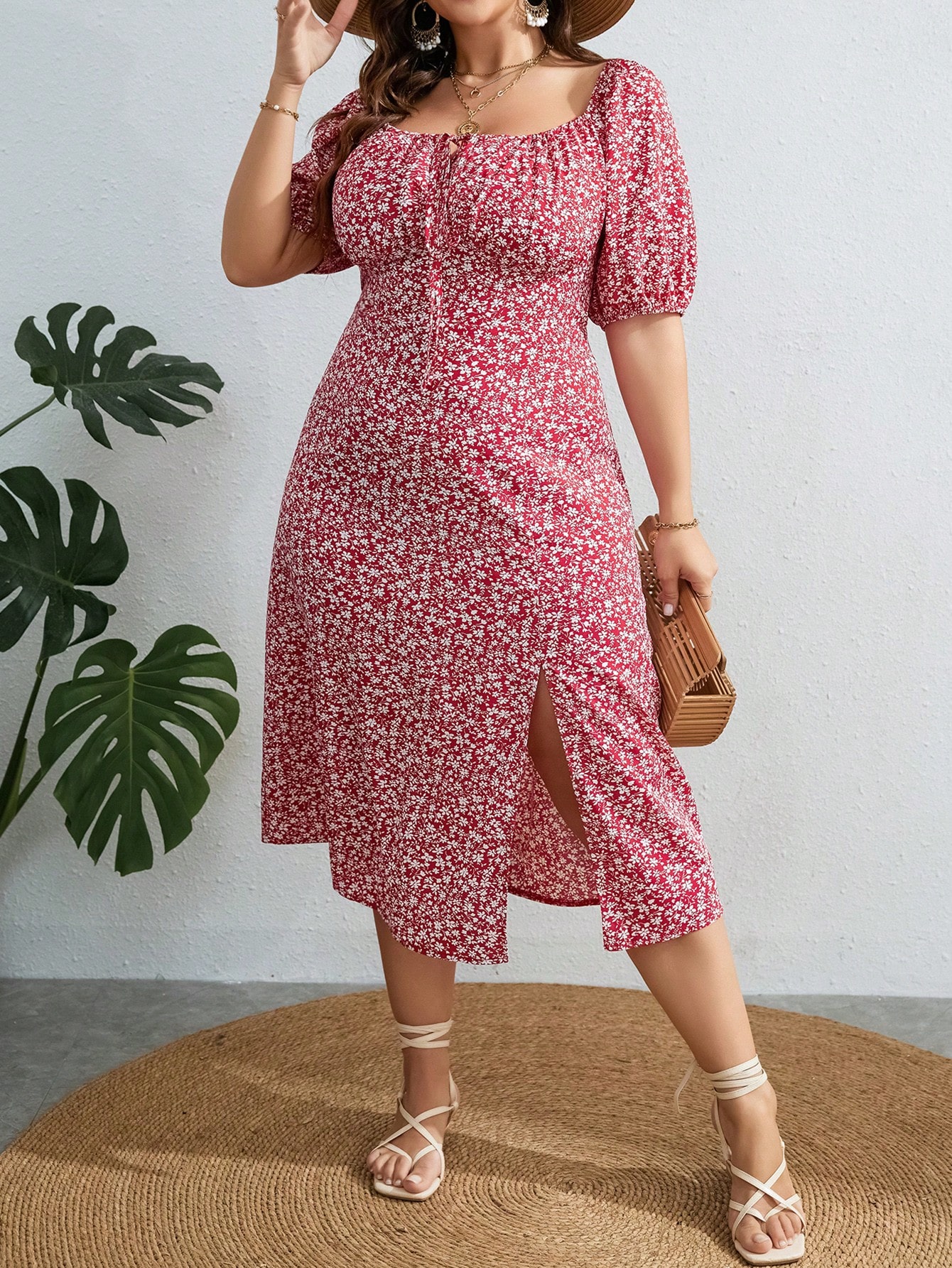 SHEIN VCAY Plus Ditsy Floral Print Knot Front Split Thigh Dress | SHEIN UK