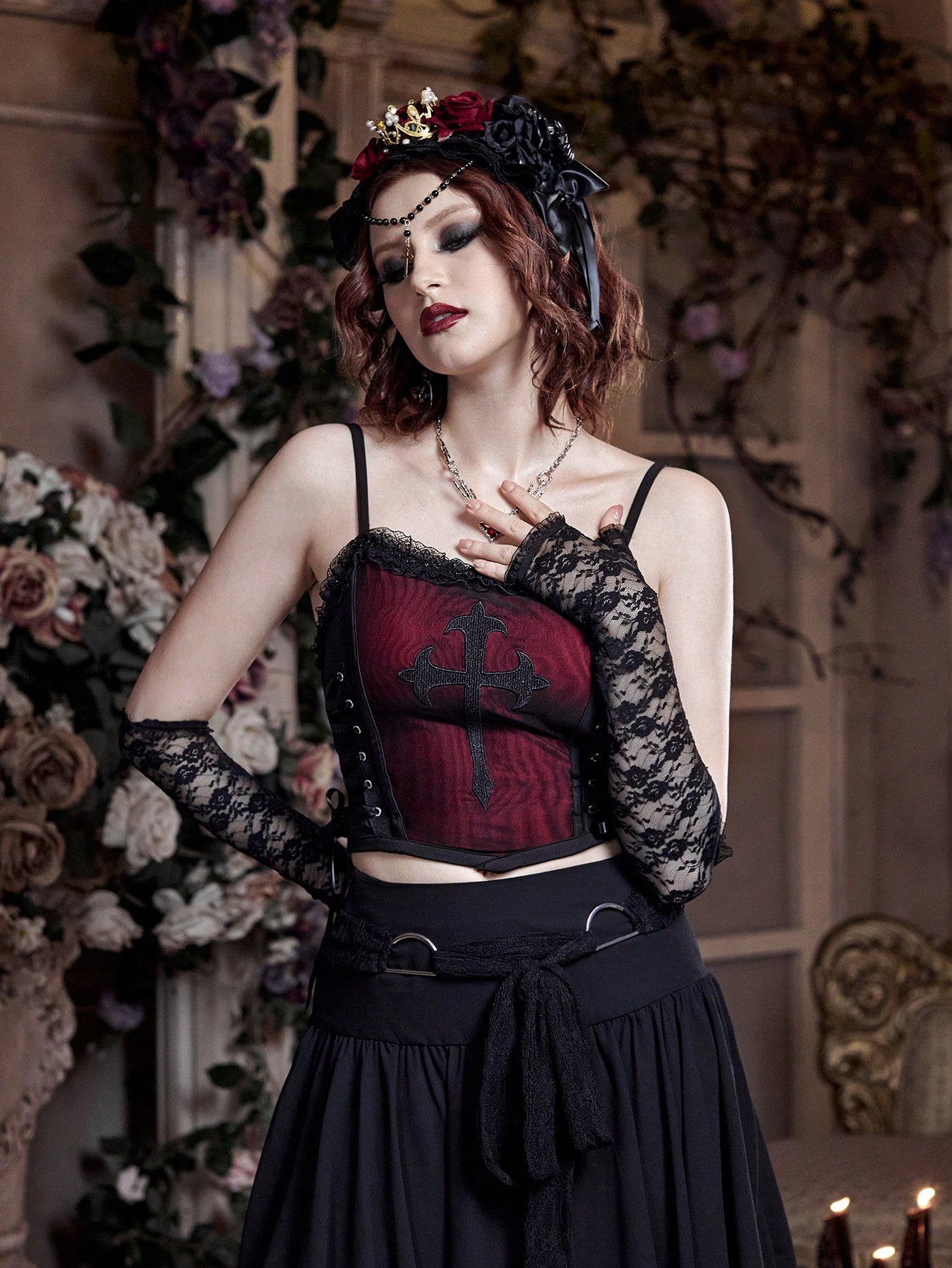 Goth Cross Embroidery Lace Up Contrast Lace Cami Top | SHEIN USA