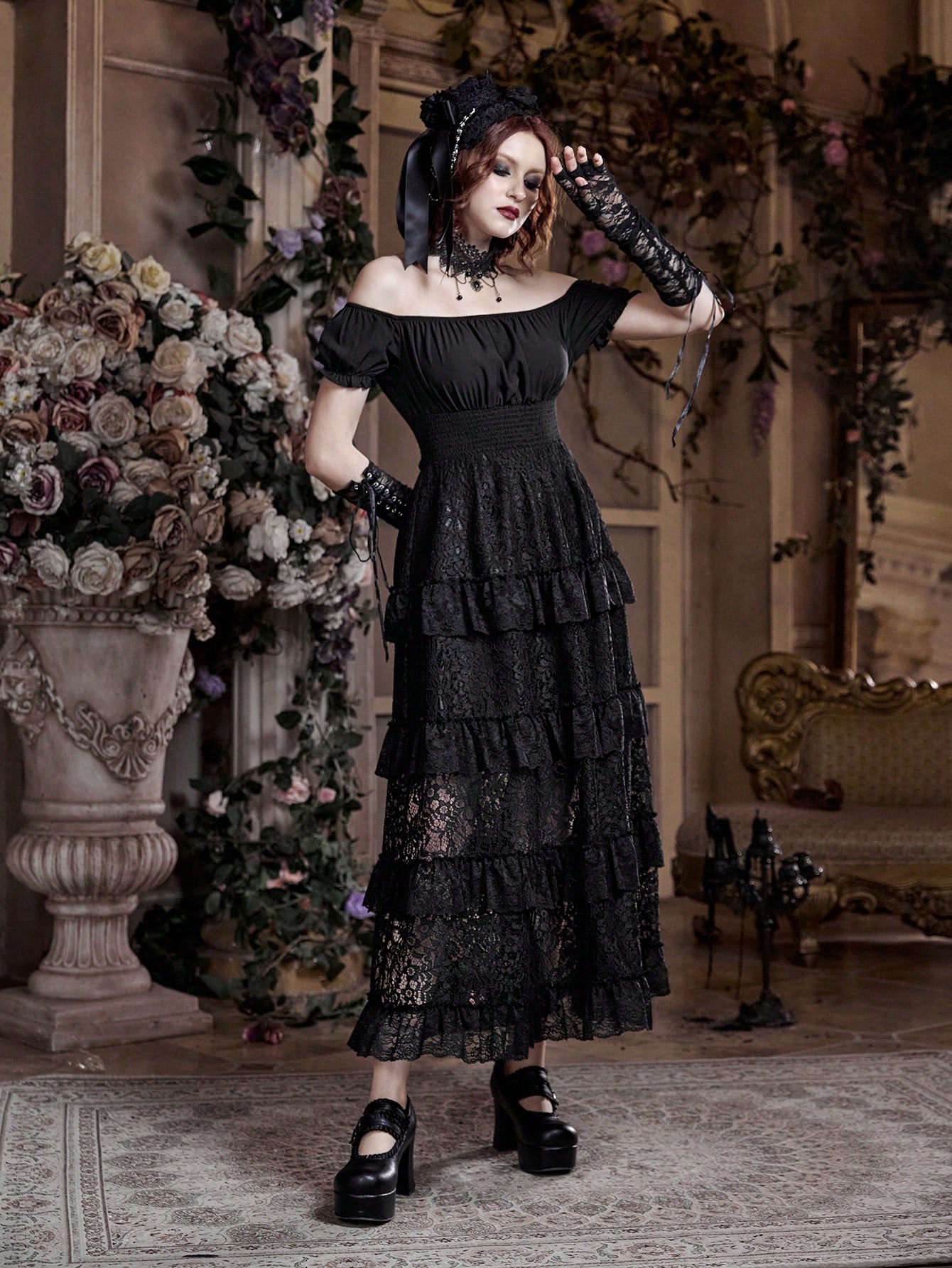Goth Vestido de hombros descubiertos bajo con fruncido con fruncido con ...