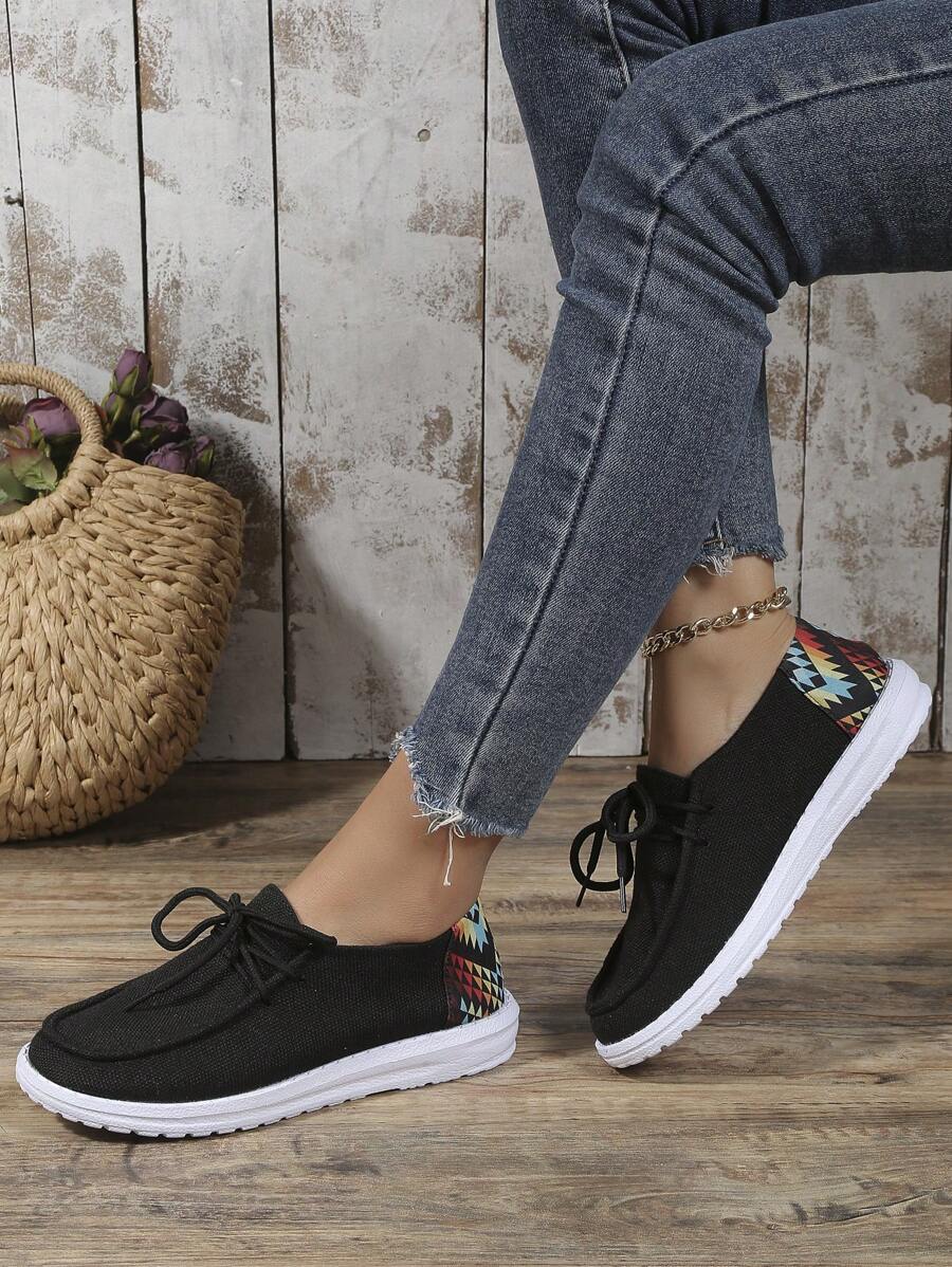 Women Geometric Pattern Lace-up Front Shoes, Sporty Outdoor Canvas ...
