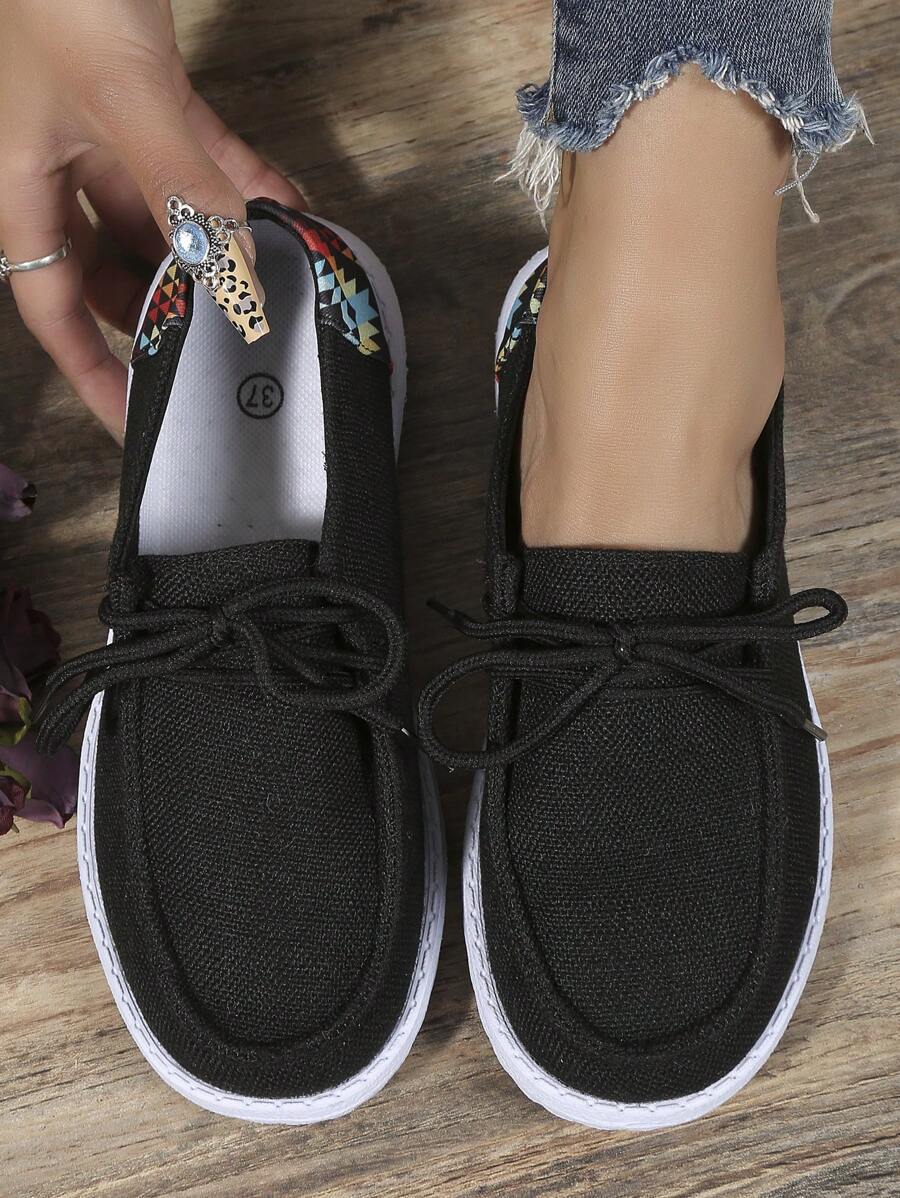 Women Geometric Pattern Lace-up Front Shoes, Sporty Outdoor Canvas ...