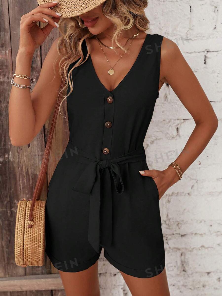 SHEIN LUNE Button Front Slant Pocket Belted Tank Romper | SHEIN UK