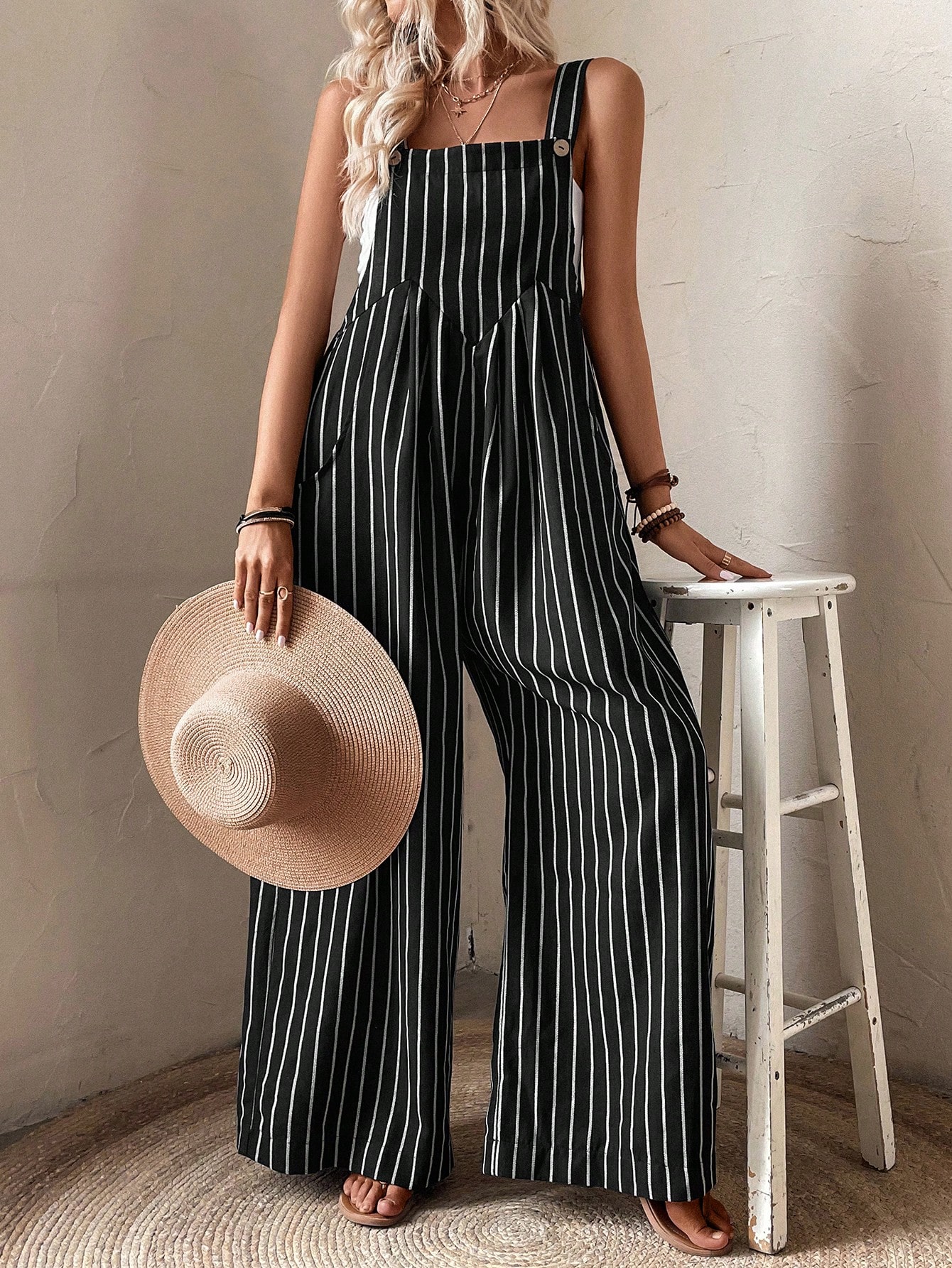 SHEIN LUNE Overol con estampado de rayas con bolsillo oblicuo de pierna ...