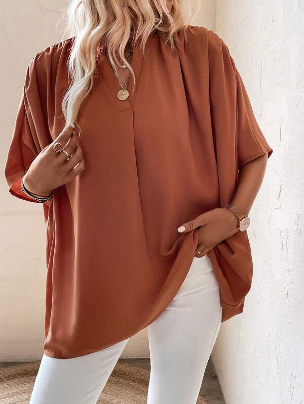 Shein Lune Notched Neck Batwing Sleeve Blouse Shein Uk