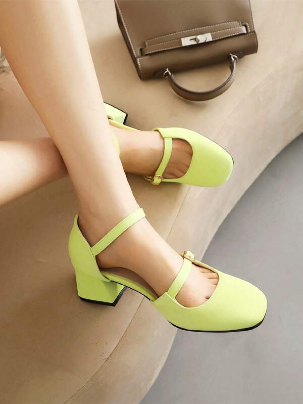 Women Square Toe Ankle Strap Chunky Heeled Mary Jane Pumps, Fashionable ...
