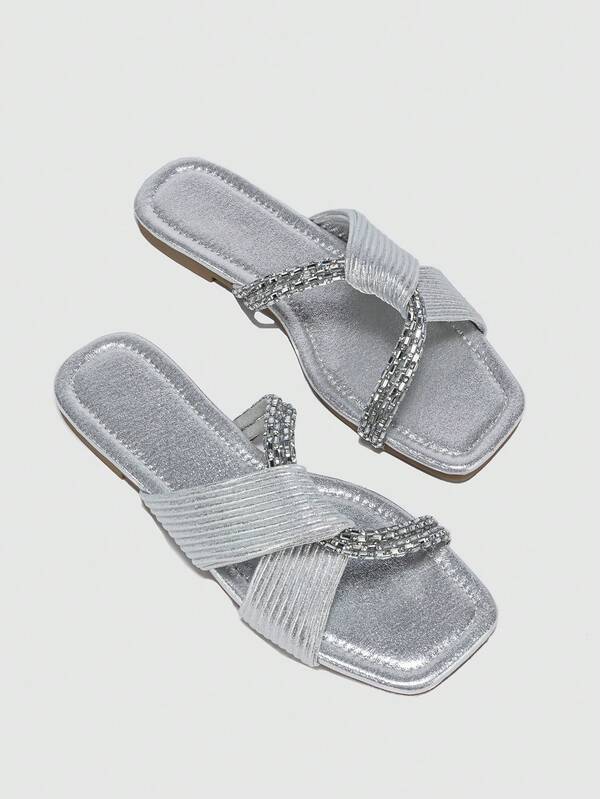 Women Metallic Rhinestone Decor Twist Detail Flat Sandals, Glamorous ...