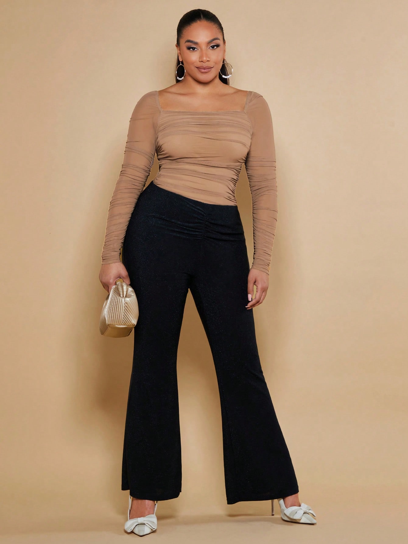 SHEIN BAE Plus Square Neck Ruched Mesh Blouse | SHEIN USA