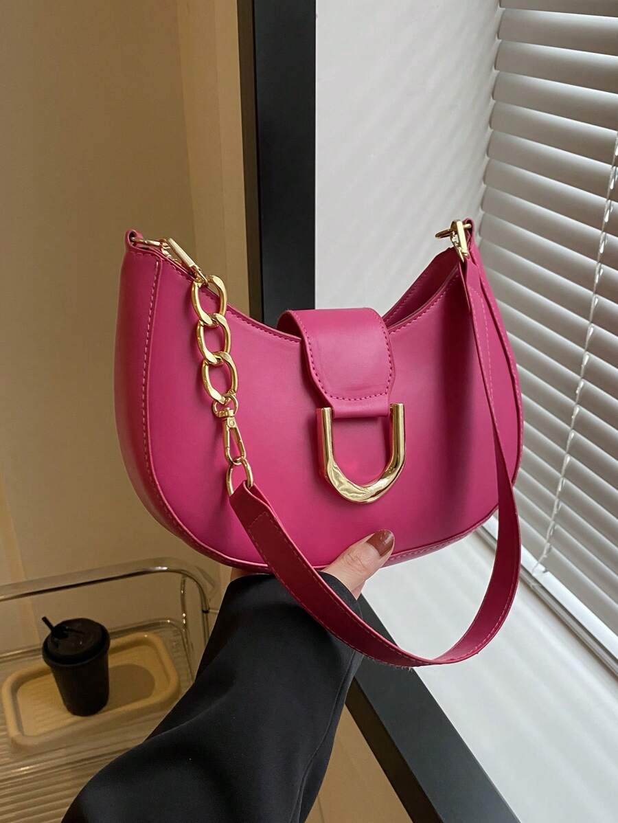 Neon-pink Hobo Bag Funky Metal Decor PU | SHEIN USA