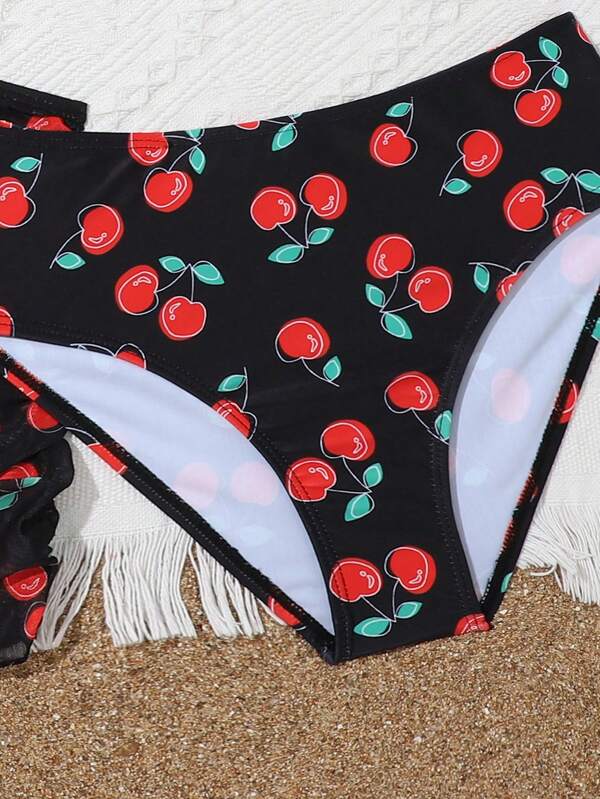 Girls Cherry Print Bikini Swimsuit With Beach Skirt Shein Uk