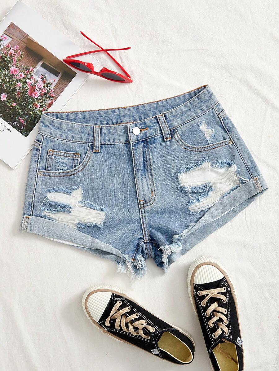 Ripped Roll Up Hem Denim Shorts | SHEIN USA