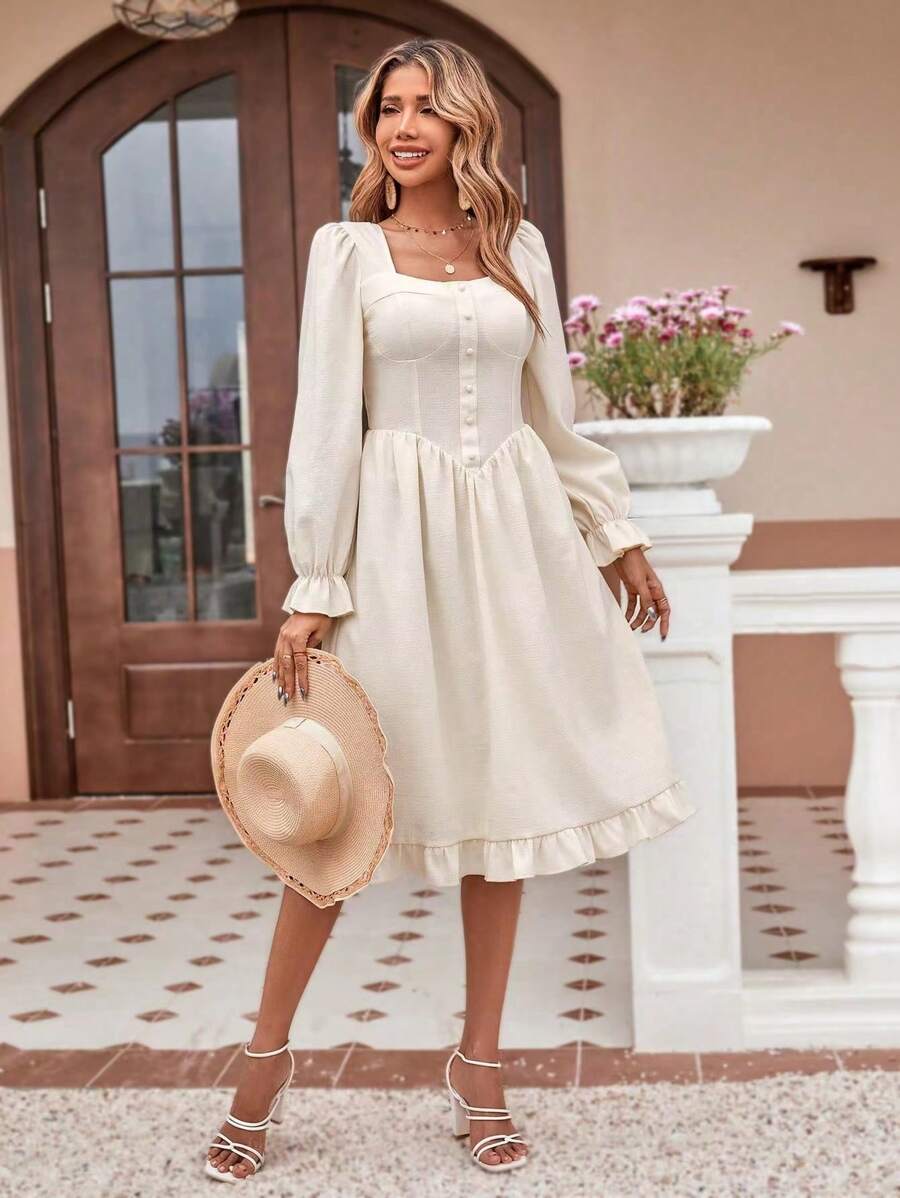 SHEIN Unity Square Neck Flounce Sleeve Ruffle Hem Dress | SHEIN USA