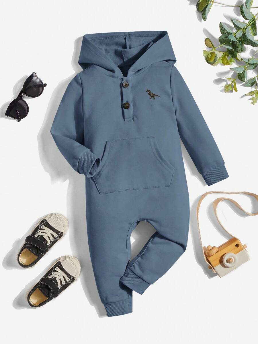 SHEIN Leap Crew Baby Boy Dinosaur Embroidery Kangaroo Pocket Hooded ...