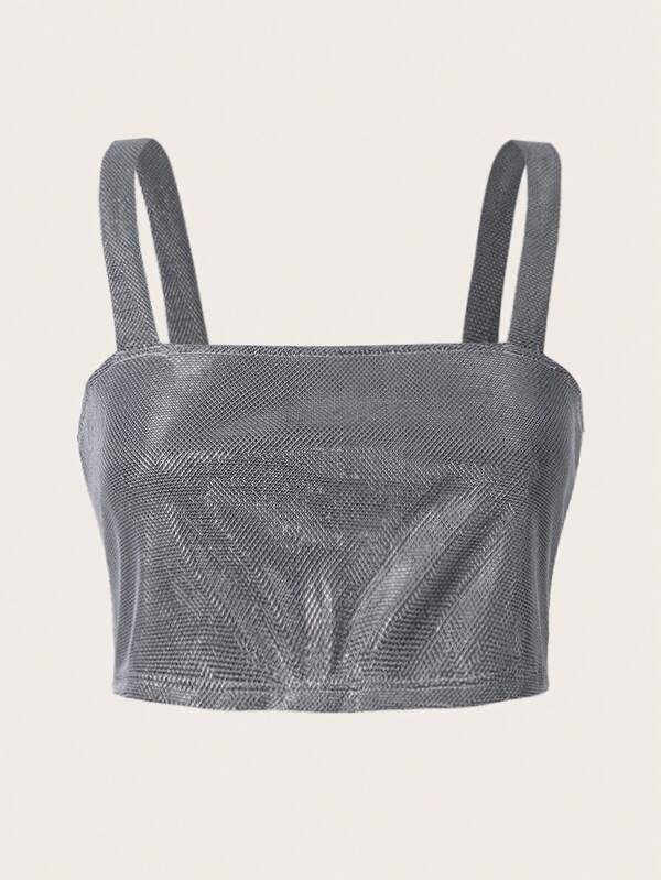 Shein Bae Top Unicolor Corto De Color Metálico Con Diseño De Cadena De