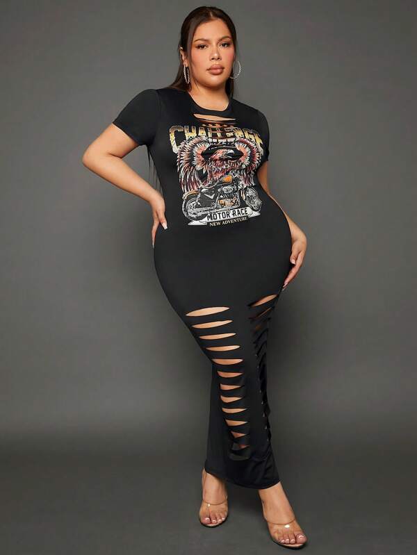 Shein Sxy Plus Motorcycle And Letter Graphic Laddering Cut Out Bodycon