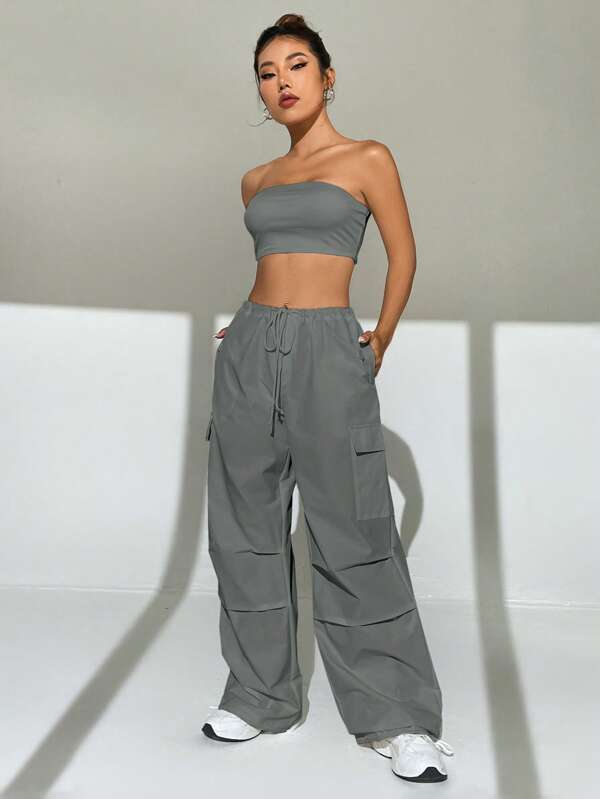 Shein Coolane Solid Tube Top And Drawstring Waist Cargo Pants Shein Usa