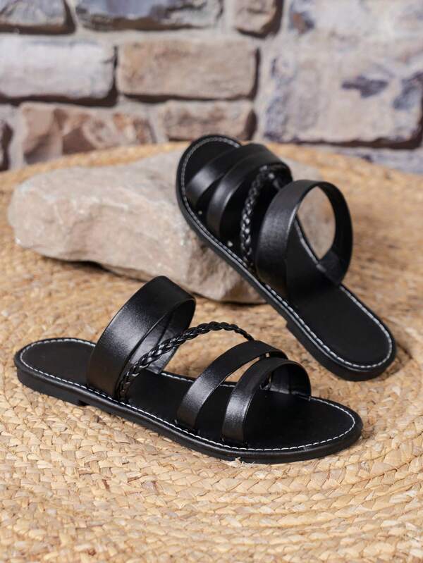 Women Braided Detail Flat Sandals, Vacation Black Slide Sandals | SHEIN UK