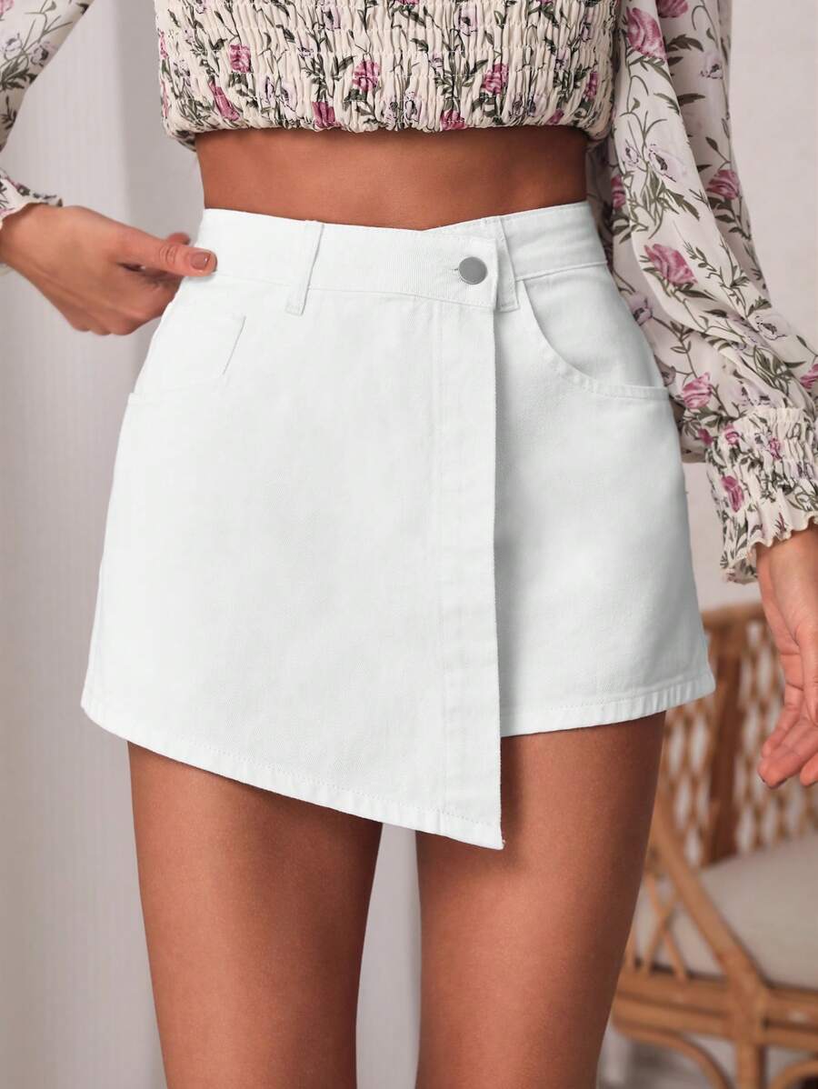 SHEIN Frenchy High Waist Wrap Denim Skort | SHEIN UK