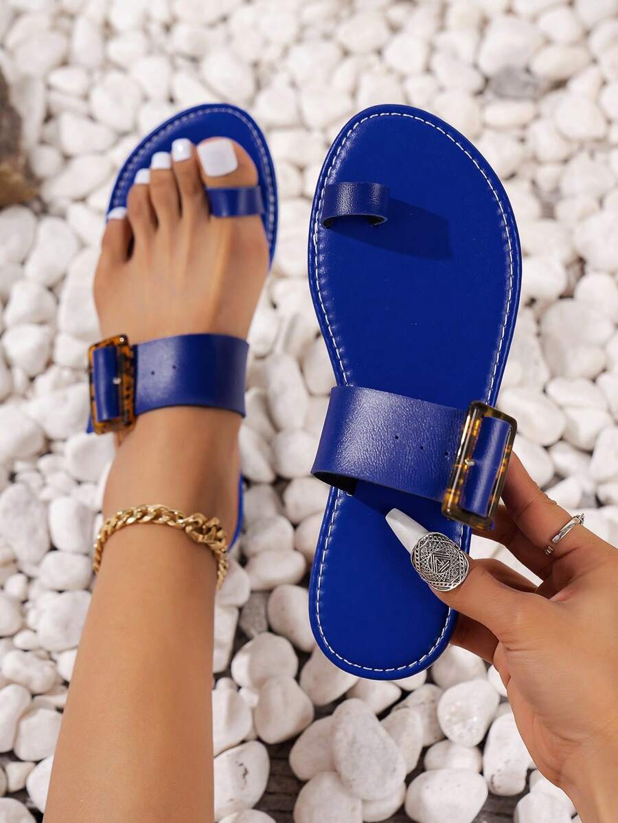 Women Buckle Decor Toe Ring Design Flat Sandals, Fashion Blue Thong ...