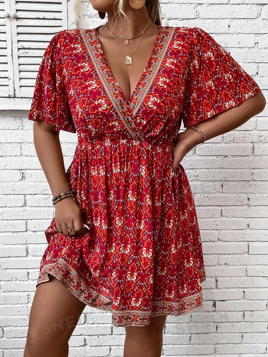 Shein Vcay Plus Floral Print Butterfly Sleeve Overlap Collar Dress