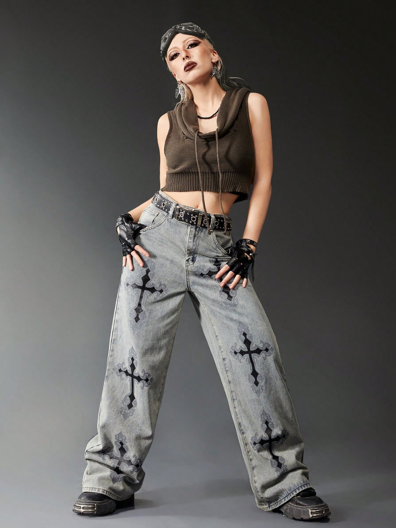 Grunge Punk Cross Print Wide Leg Jeans | SHEIN USA
