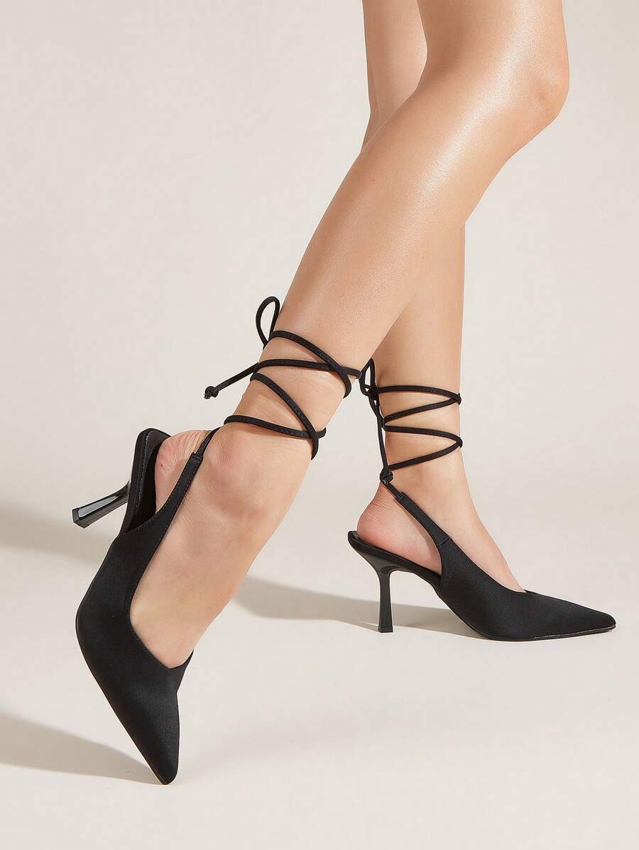 Women Tie Leg Design Strappy Pumps, Lycra Stiletto Heeled Elegant Pumps ...