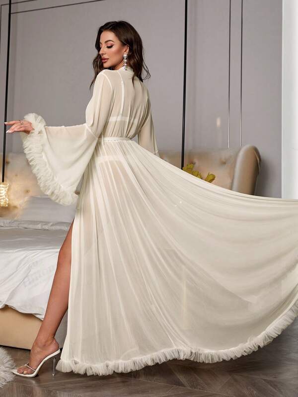 Ruffle Trim Trumpet Sleeve Belted Sleep Robe | SHEIN USA