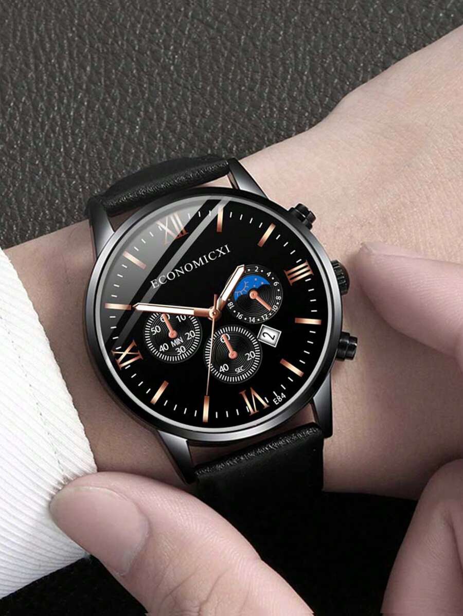ECONOMICXI 1 pièce Montre Quartz Cadran Noir En Polyuréthane PU Sangle ...