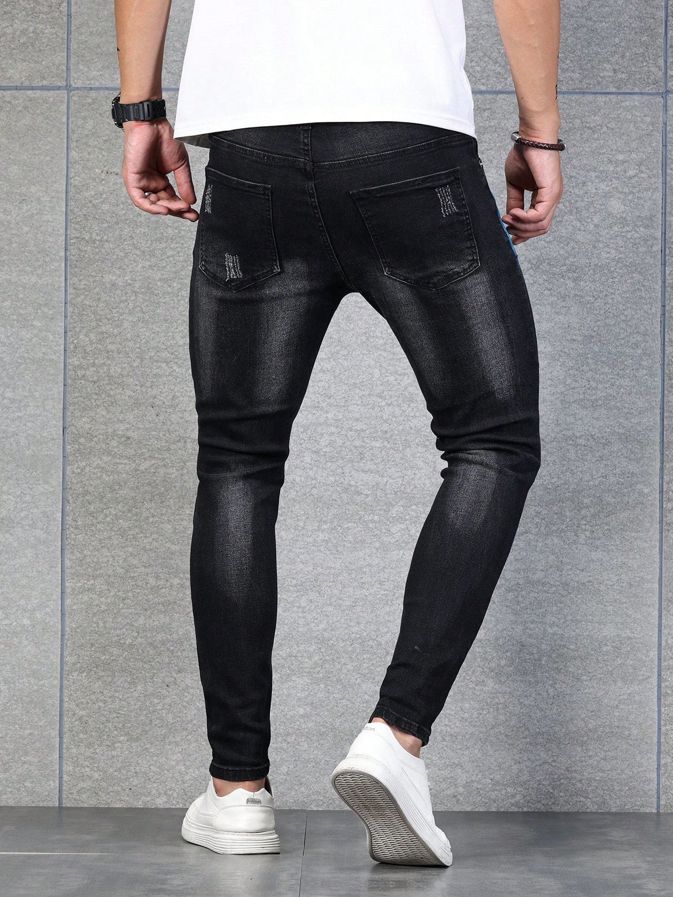 Manfinity LEGND Men Cotton Splash Ink Print Ripped Frayed Skinny Jeans ...