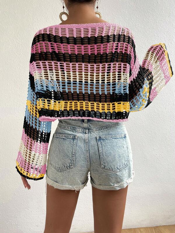 Colorblock Hollow Out Drop Shoulder Cover Up Shein Uk