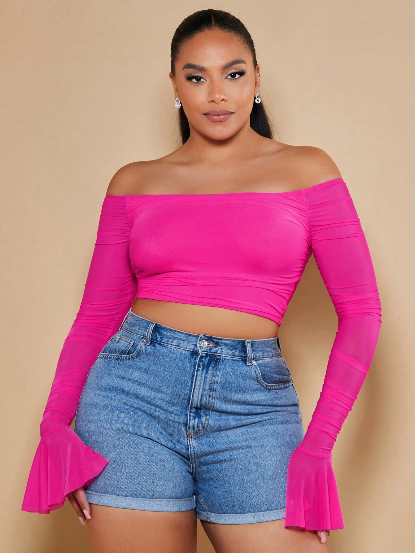 Shein Bae Top Crop De Hombros Descubiertos De Manga Con Volante Moda