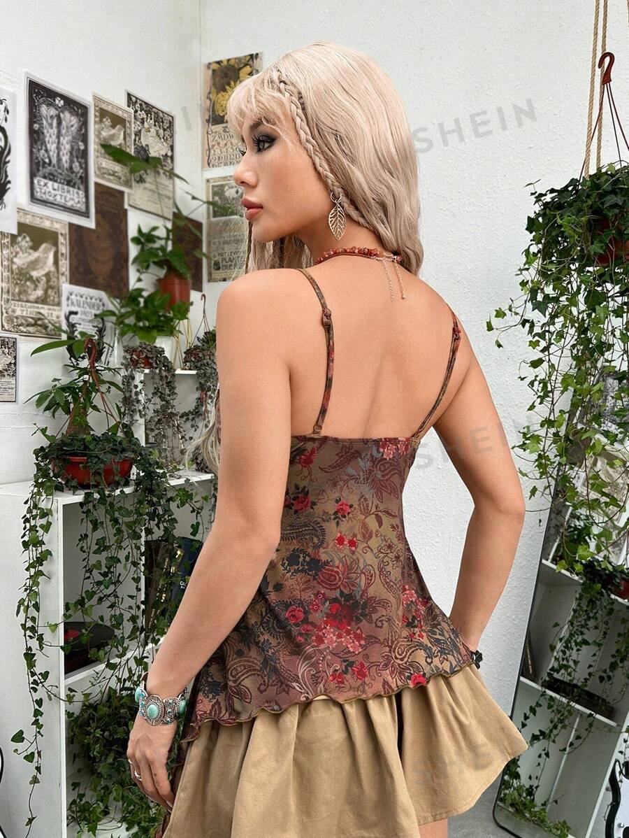 Romwe Punk Grunge Floral Print Contrast Lace Cami Top Shein Usa
