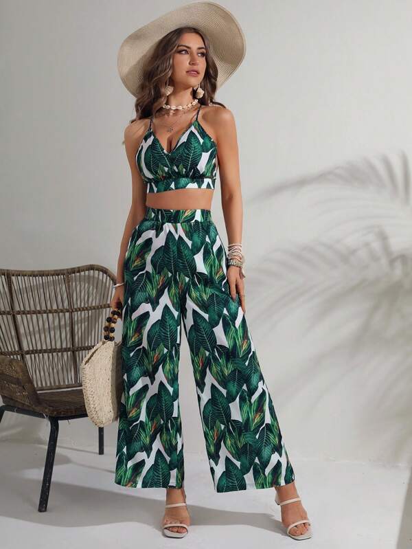 Shein Vcay Tropical Print Tie Backless Halter Top And Wide Leg Pants
