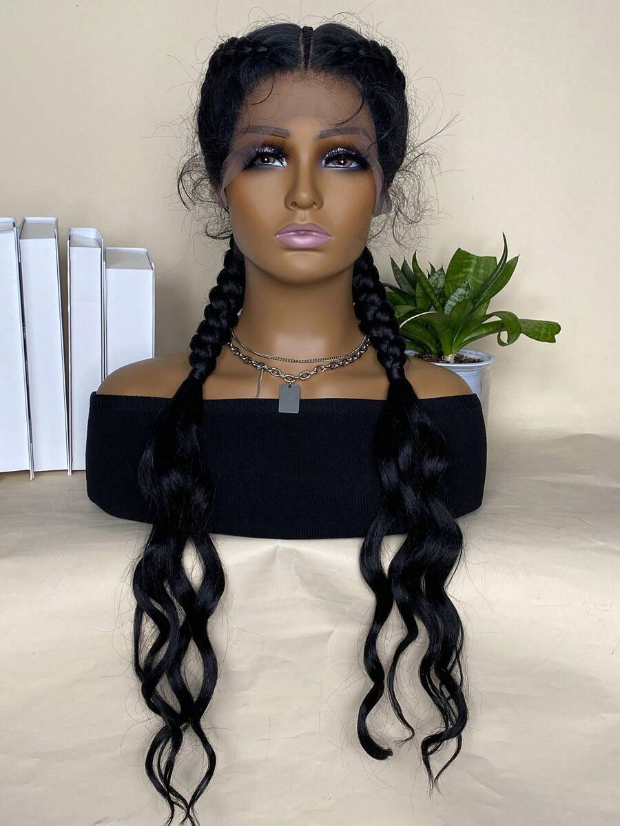 Glueless Lace Wigs Hand-Braided Dutch Braided Wig Natural Black 30 inch ...