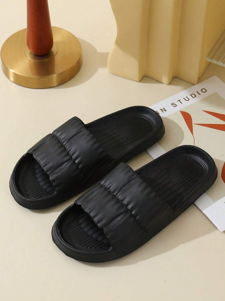 Cool Black Slides For Men, Texture Embossed Single Band EVA Slippers ...