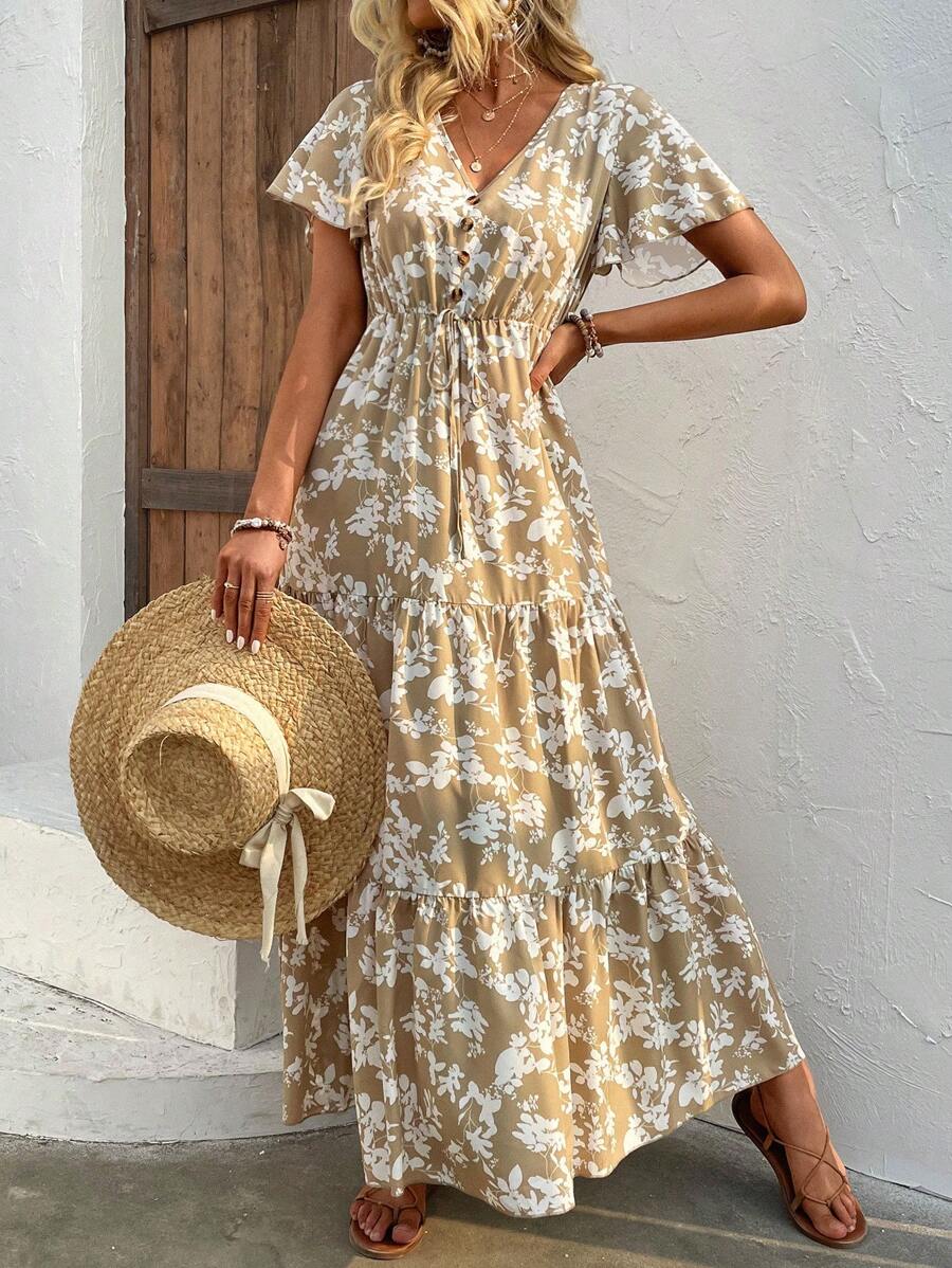 Breezaya Floral Print Knot Front Ruffle Hem Dress Maxi Vacation Beach Outfits Women | SHEIN USA
