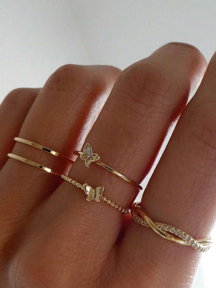 5pcs/Set Rhinestone Butterfly Decor Ring | SHEIN USA