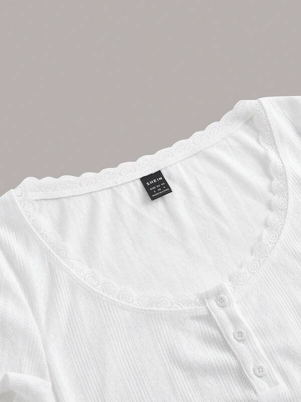 SHEIN EZwear Lace Trim Button Front Tee | SHEIN USA
