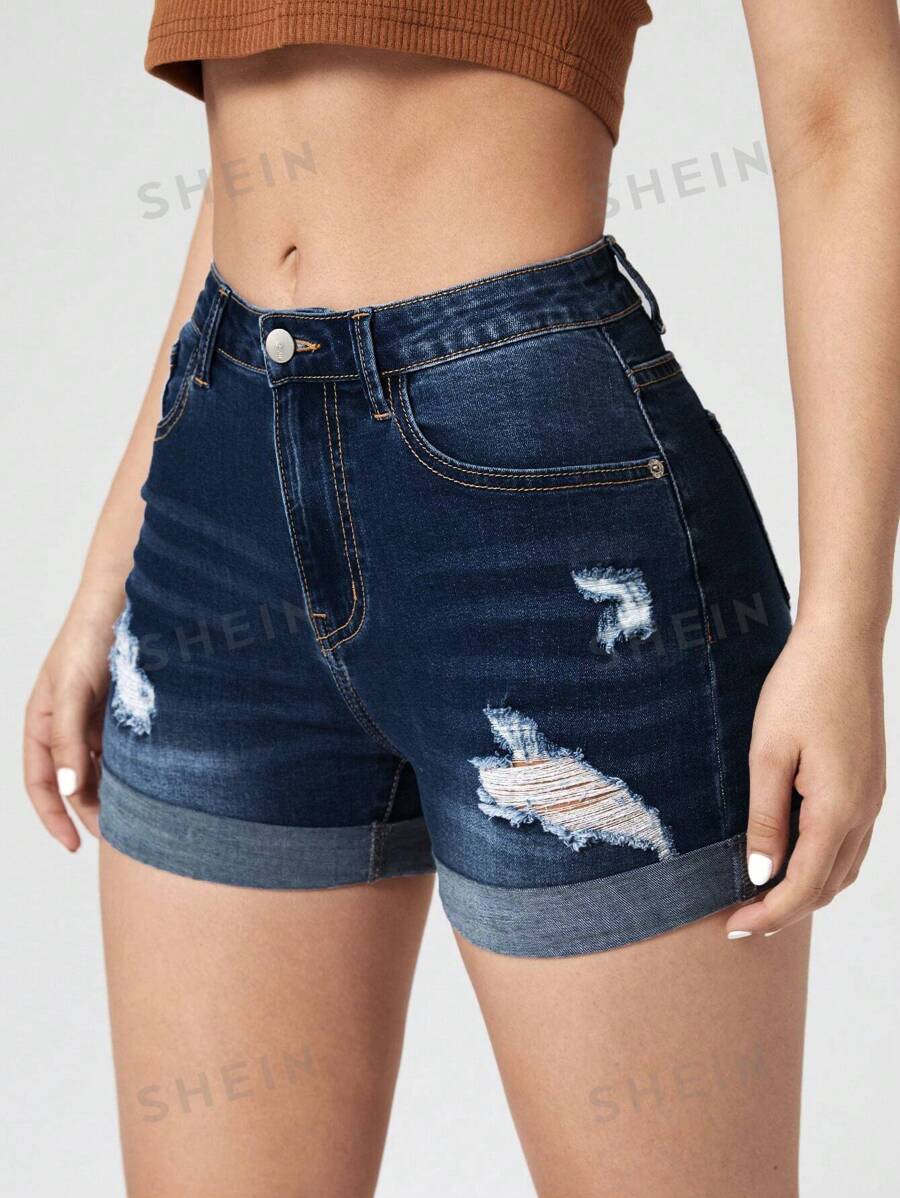 SHEIN Essnce Ripped Roll Up Hem Denim Shorts | SHEIN USA