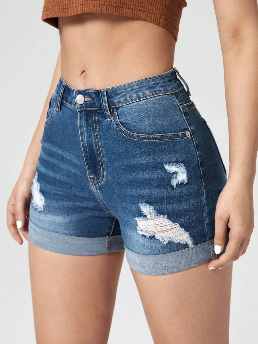 Ripped Roll Up Hem Denim Shorts | SHEIN USA