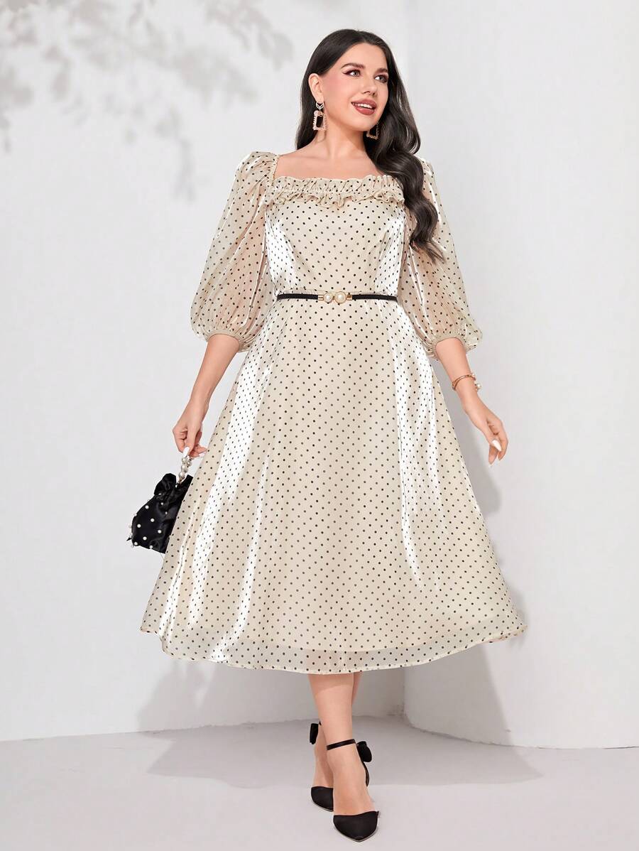 Modelyn Plus Polka Dot Print Ruffle Trim Lantern Sleeve Dress Without ...