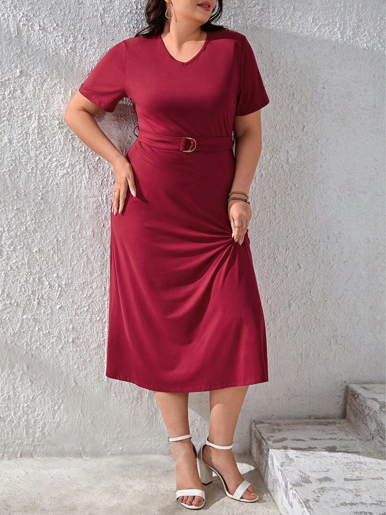 SHEIN Clasi Plus Solid Belted A-line Dress | SHEIN USA