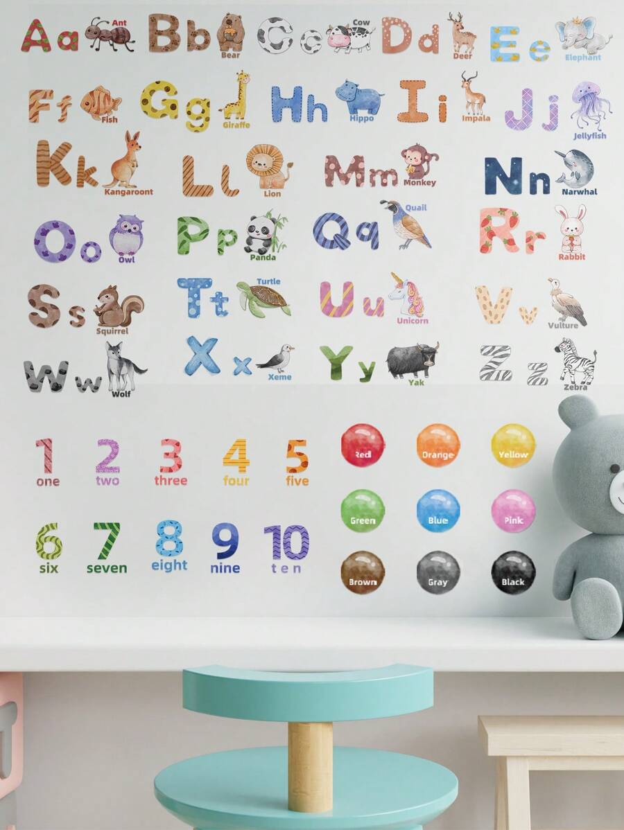 2 Sheets Alphabet Animal Wall Decals, Numbers Wall Decor ABC Letters ...