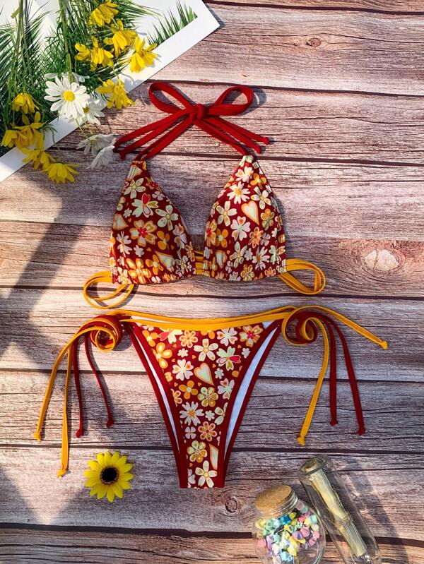 Floral Print Halter Triangle Tie Side Bikini Swimsuit Shein Usa