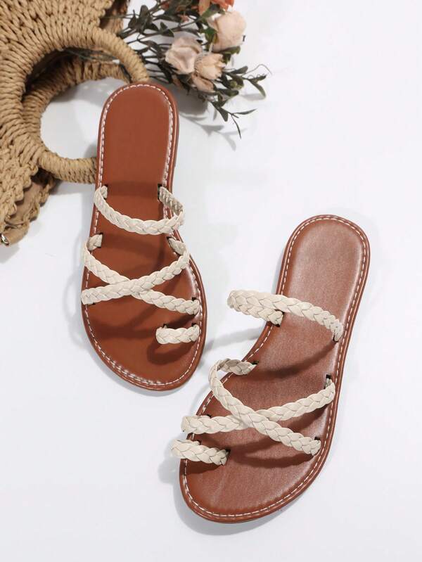Women Braided Detail Criss Cross Toe Ring Flat Sandals Vacation Beige Thong Sandals Shein Usa