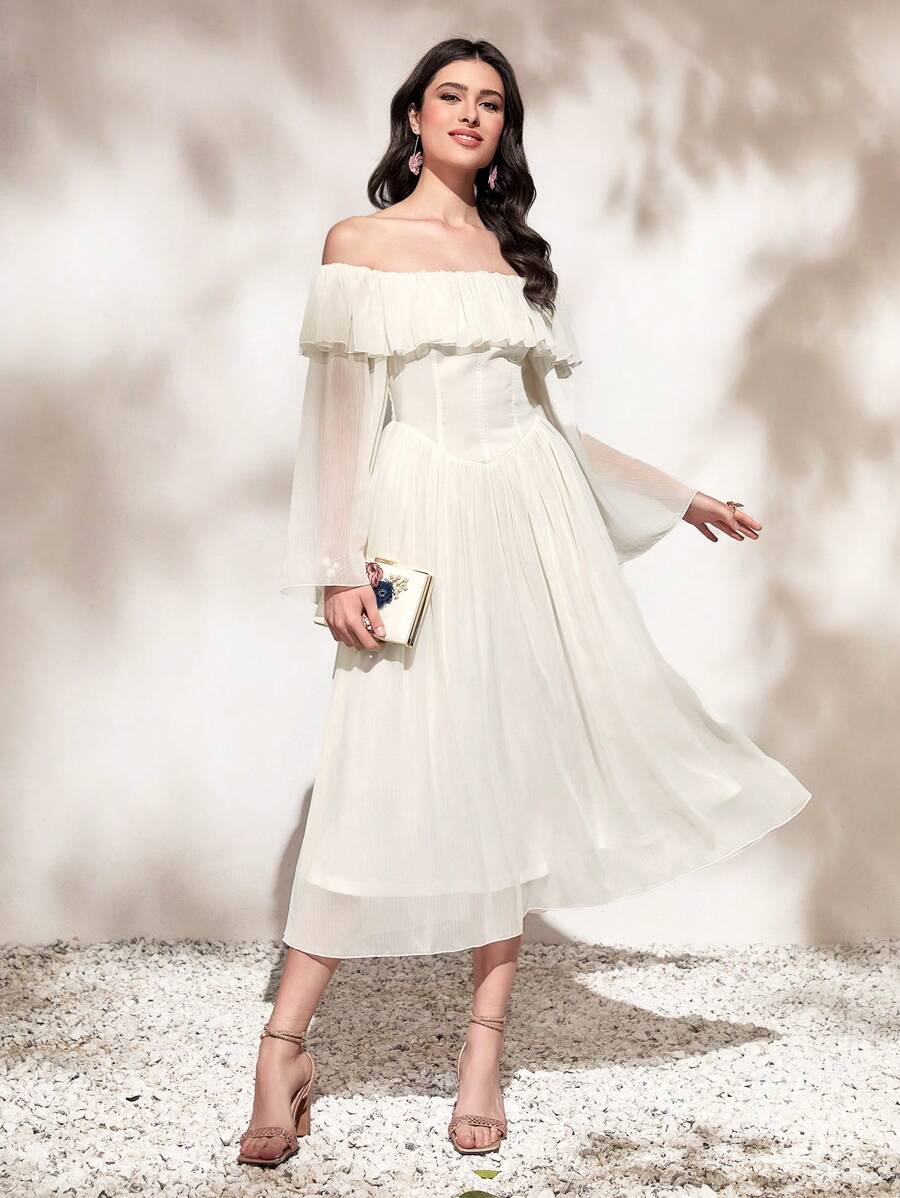 Modelyn Off Shoulder Ruffle Trim Chiffon Dress | SHEIN USA